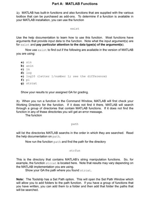 Solved Part A: MATLAB Functions 1) MATLAB has built-in | Chegg.com Solved Part A: MATLAB Functions 1) MATLAB has built-in | Chegg.com