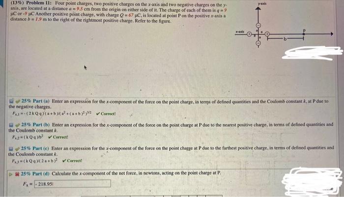 Solved (13\%) Problem 11: Four point charges, two positive | Chegg.com