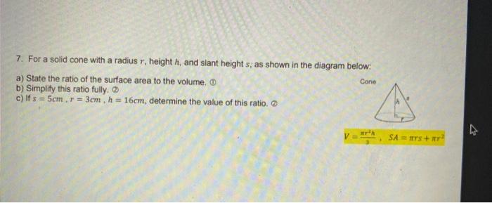 Solved 7. For a solid cone with a radius r, height h, and | Chegg.com