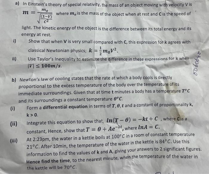 Solved a) In Einstein's theory of special relativity, the | Chegg.com