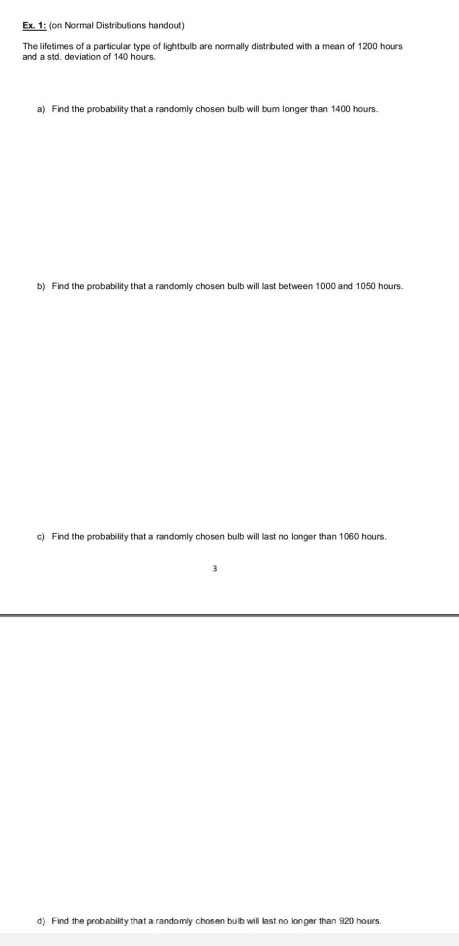 Solved Ex. 1: (on Normal Distributions handout) The | Chegg.com