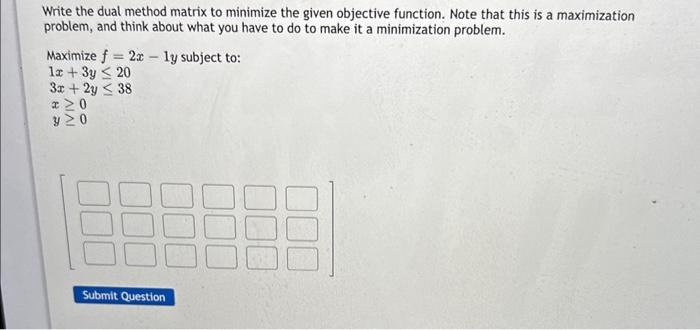 Solved Write the dual method matrix to minimize the given | Chegg.com