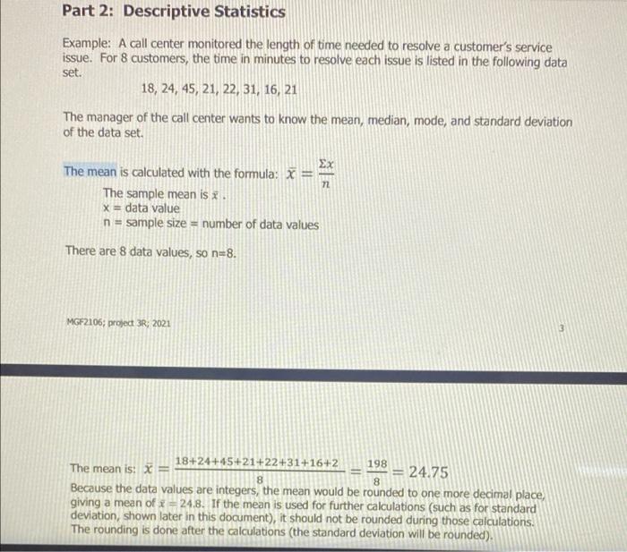 Solved Part 2: Descriptive Statistics Example: A call center | Chegg.com