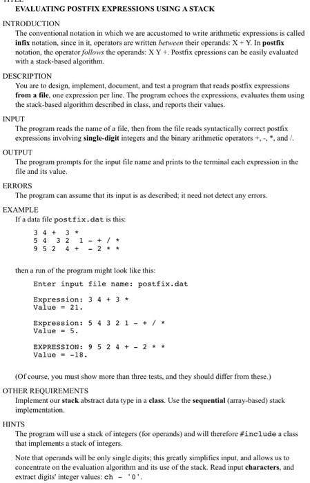 EVALUATING POSTFIX EXPRESSIONS USING A STACK | Chegg.com