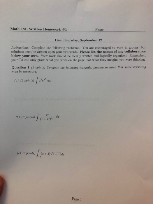 Solved Math 181, Written Homework #1 Name: Due Thursday, | Chegg.com