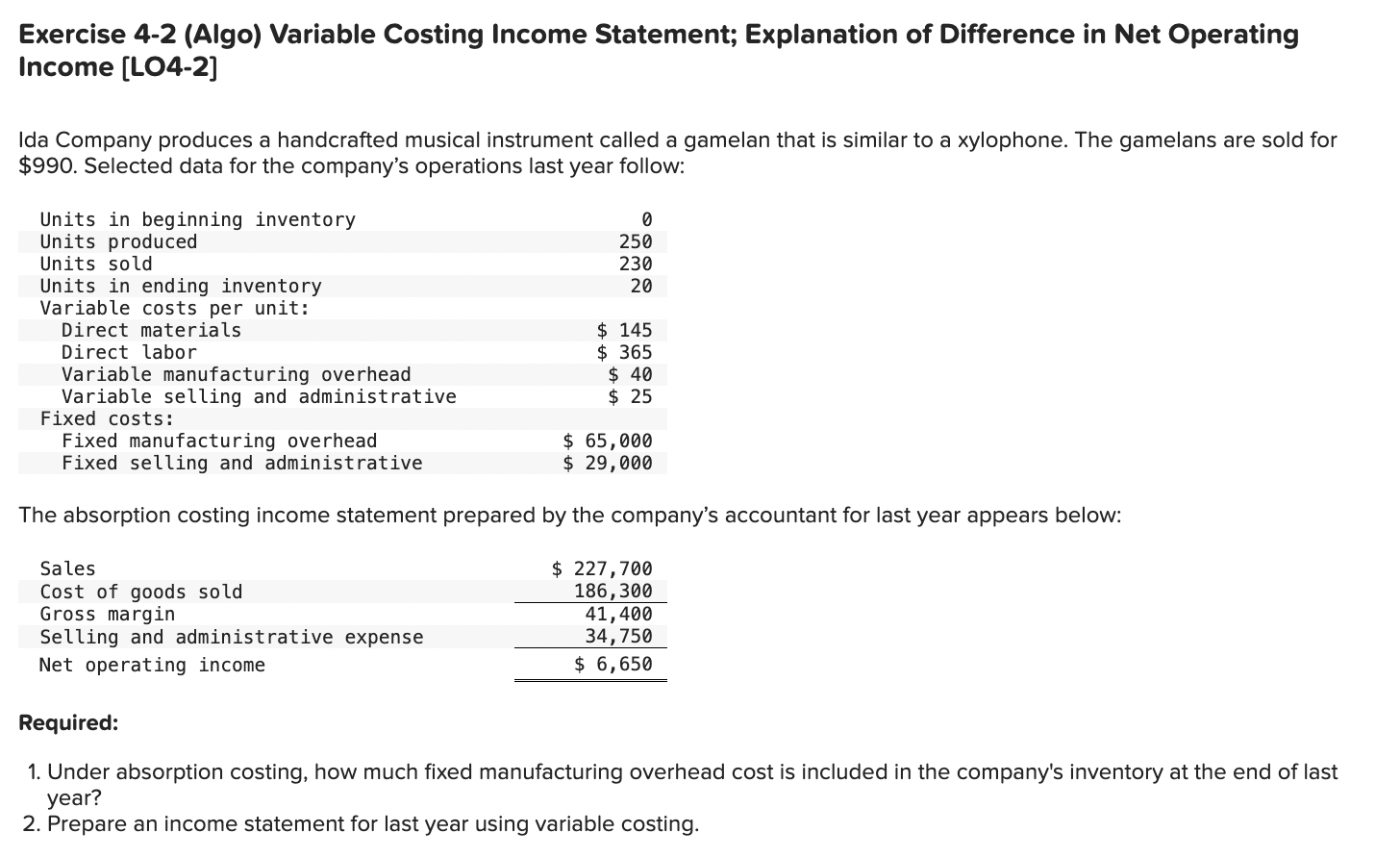 Solved Income [L04-2]Ida Company produces a handcrafted | Chegg.com