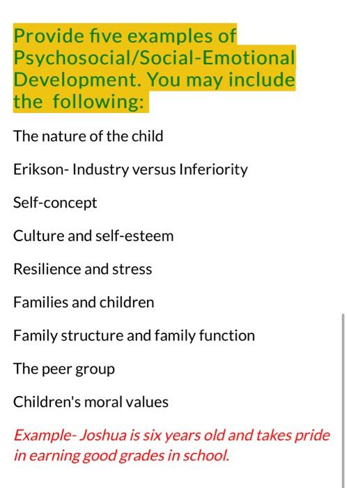 Solved Provide five examples of Biosocial/Physical | Chegg.com