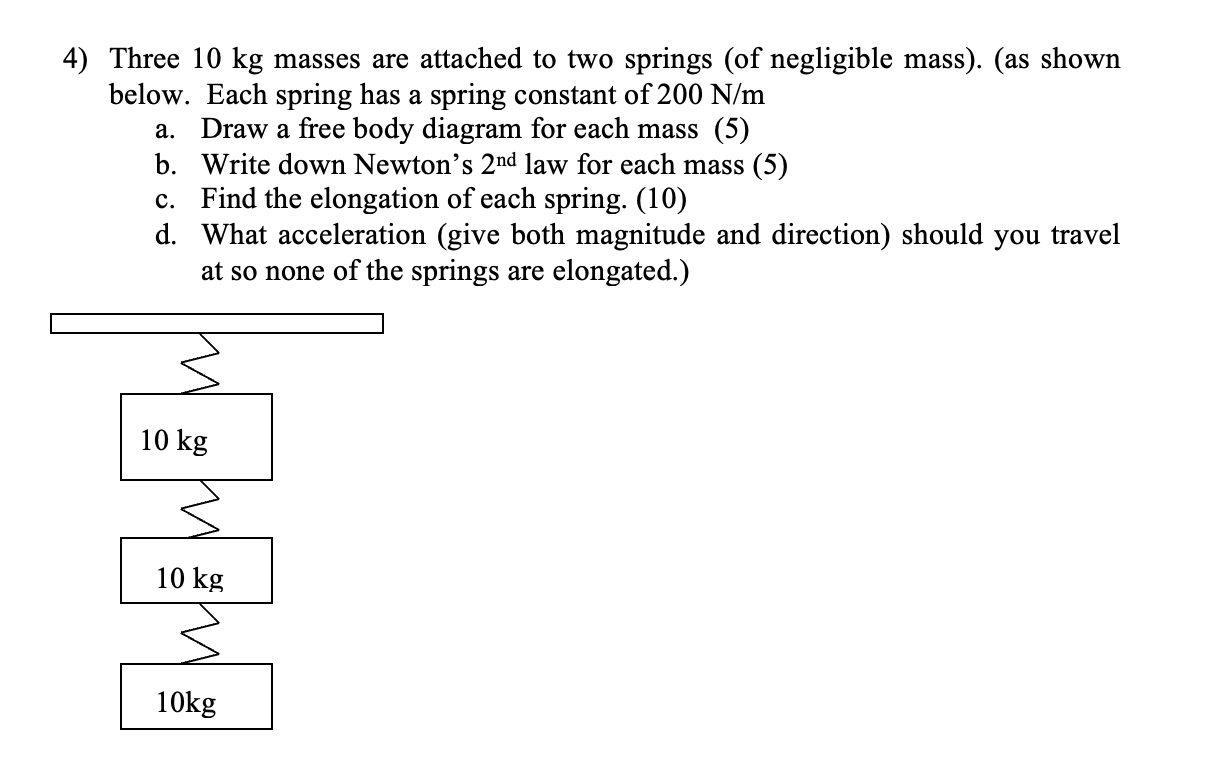 Solved Three 10kg ﻿masses are attached to two springs (of | Chegg.com