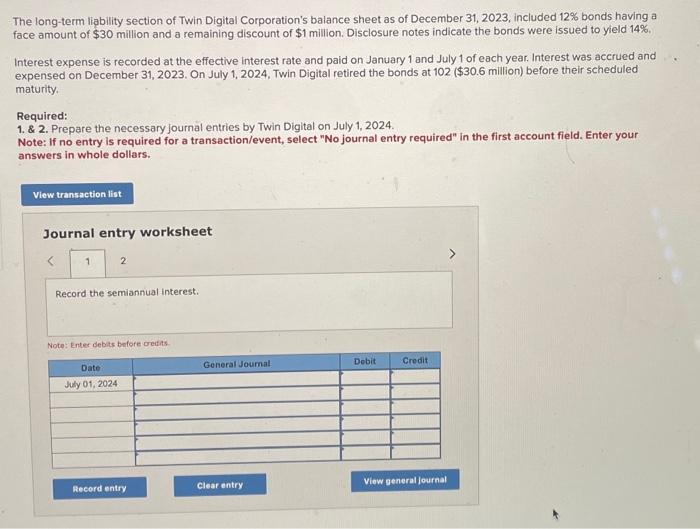 Solved The long-term liability section of Twin Digital | Chegg.com