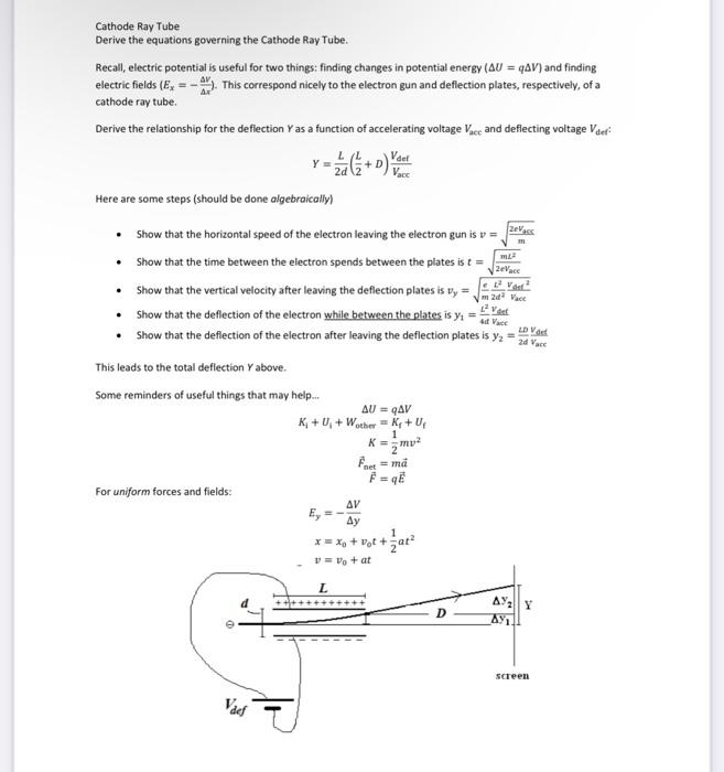 Solved Cathode Ray Tube Derive the equations governing the | Chegg.com