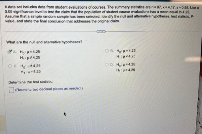 Solved A data set includes data from student evaluations of | Chegg.com