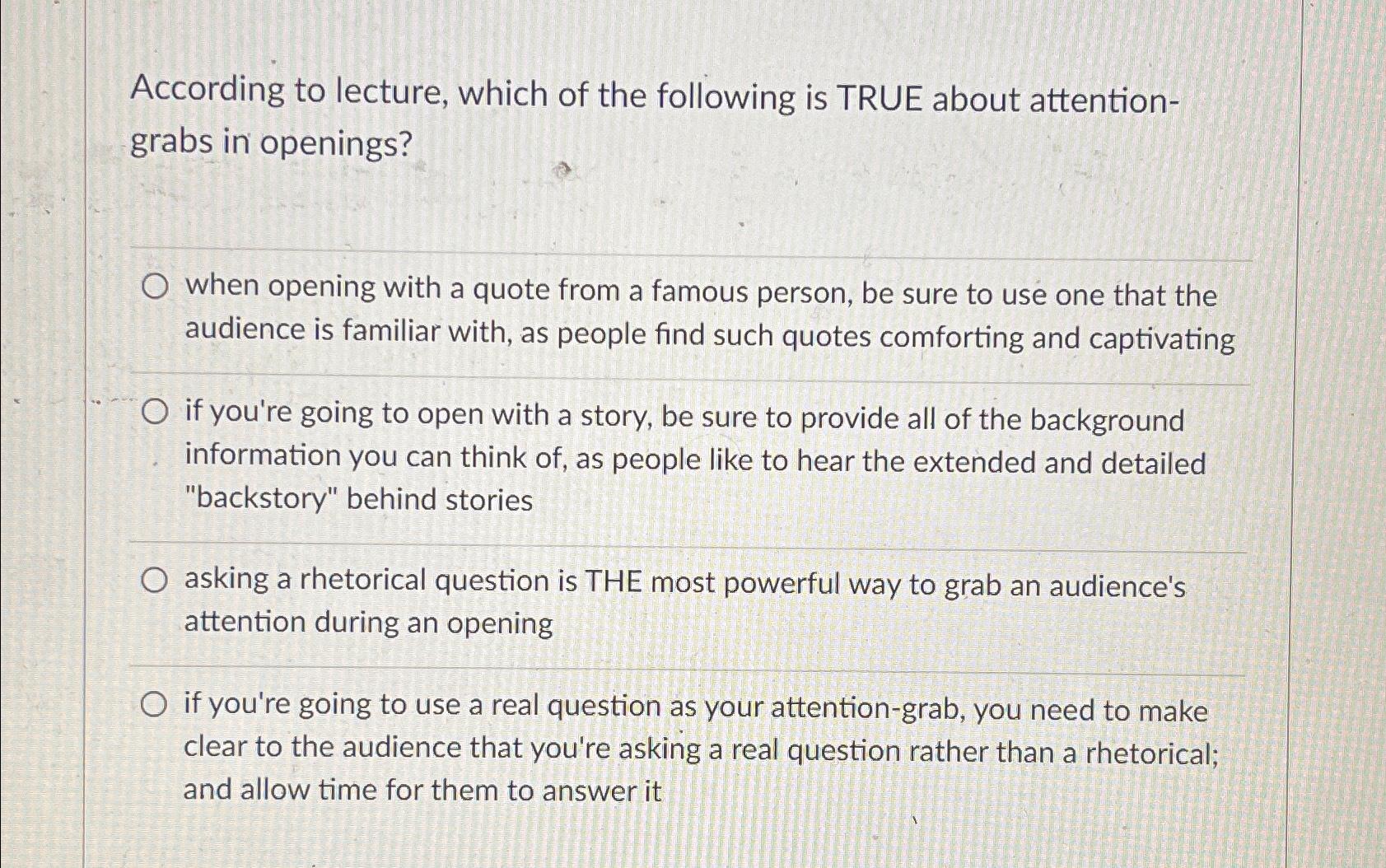 Solved According to lecture, which of the following is TRUE | Chegg.com