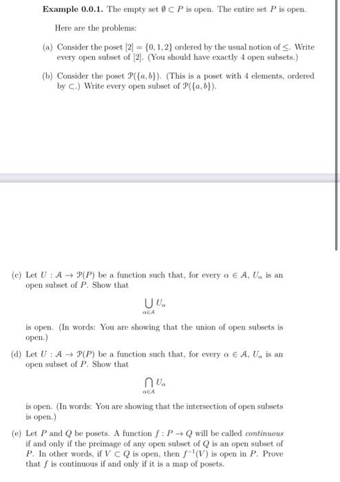 Solved Example 0.0.1. The empty set ∅⊂P is open. The entire | Chegg.com