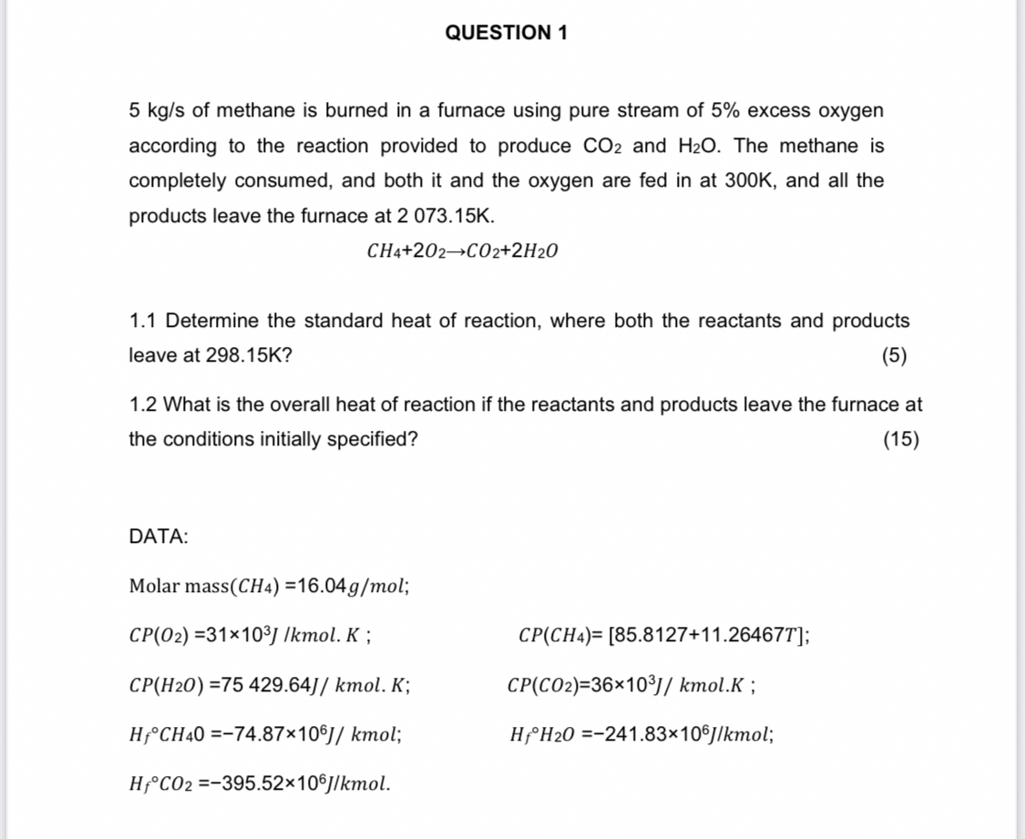 Solved QUESTION 15kgs ﻿of methane is burned in a furnace | Chegg.com