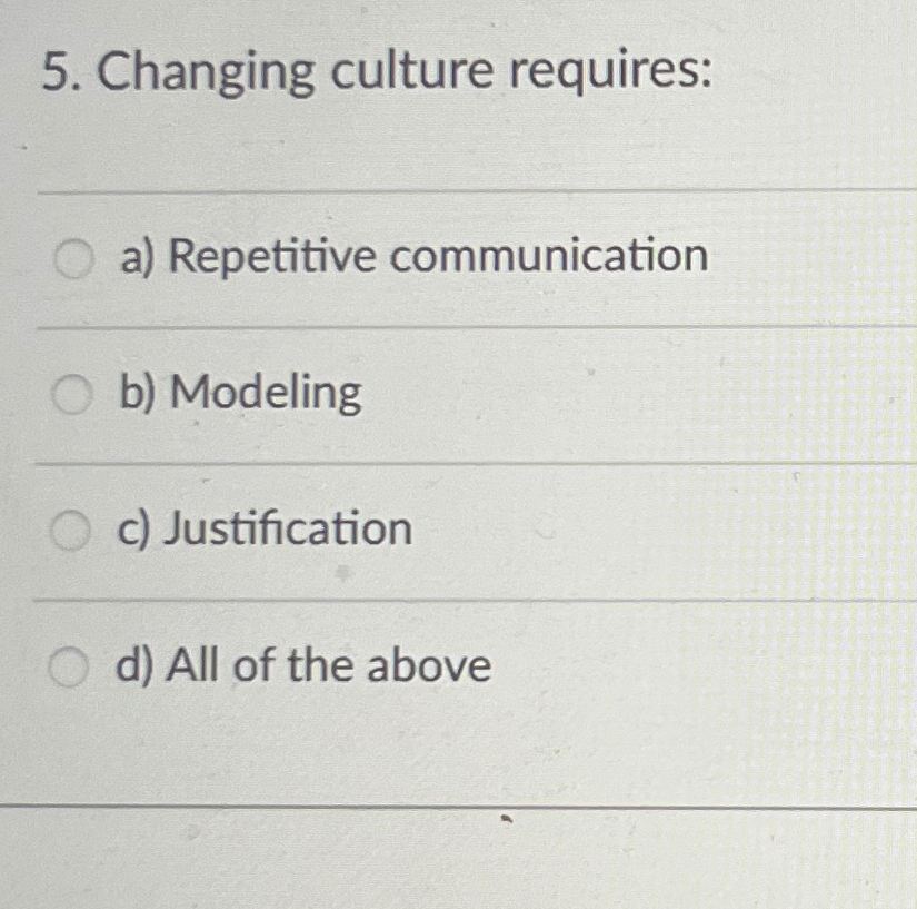 Solved Changing culture requires:a) ﻿Repetitive | Chegg.com