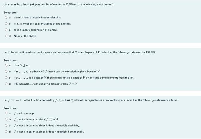 Solved Let u,v,w be a linearly dependent list of vectors in | Chegg.com