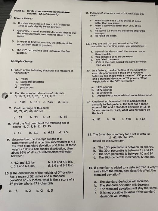 Solved PART II. Circle your answers in the answer column. ( | Chegg.com