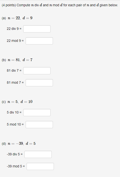 Solved (4 ﻿points) ﻿Compute n ﻿div d ﻿and n ﻿mod d ﻿for each | Chegg.com