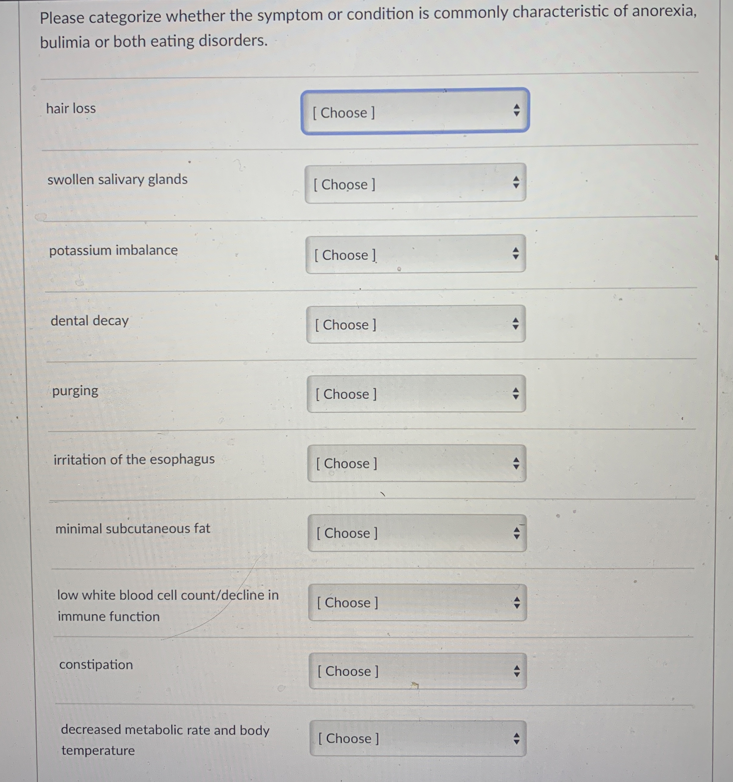 Solved Please categorize whether the symptom or condition is | Chegg.com