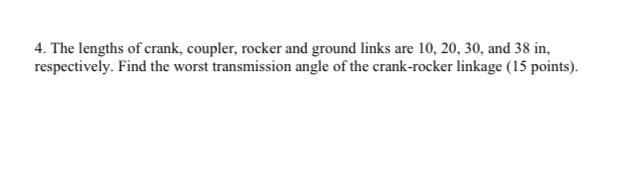 Solved 4. The lengths of crank, coupler, rocker and ground | Chegg.com