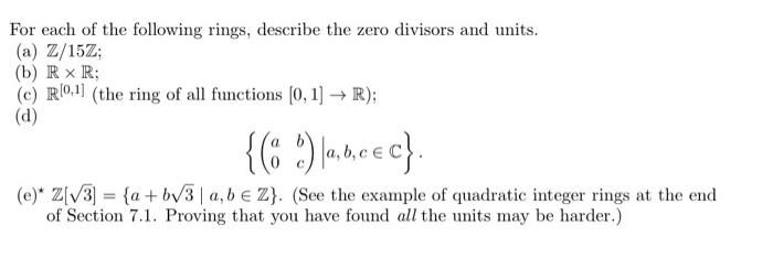 Solved For each of the following rings, describe the zero | Chegg.com