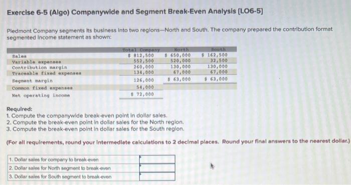 Solved Exercise 6-5 (Algo) Companywide and Segment | Chegg.com