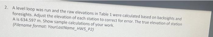 Solved 2. A level loop was run and the raw elevations in | Chegg.com