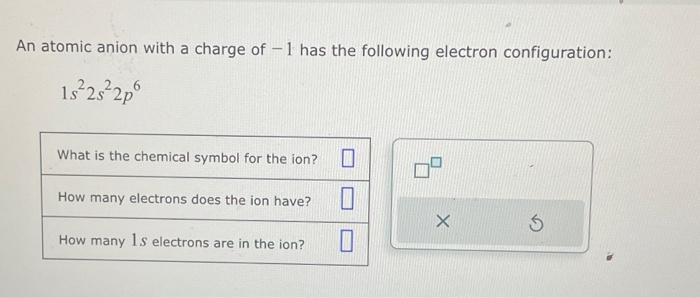 Solved An atomic anion with a charge of -1 has the following | Chegg.com