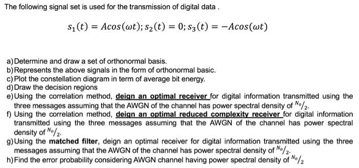 Solved The following signal set is used for the transmission | Chegg.com