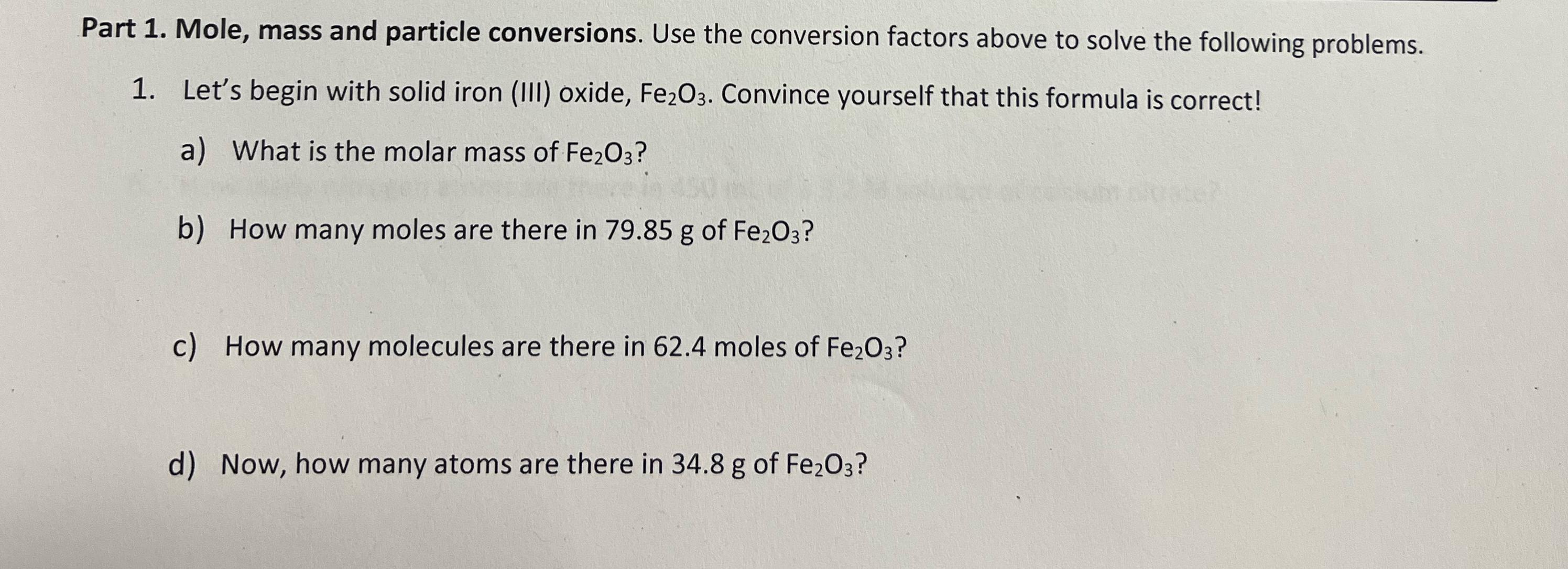 Solved Part 1. ﻿Mole, mass and particle conversions. Use the | Chegg.com