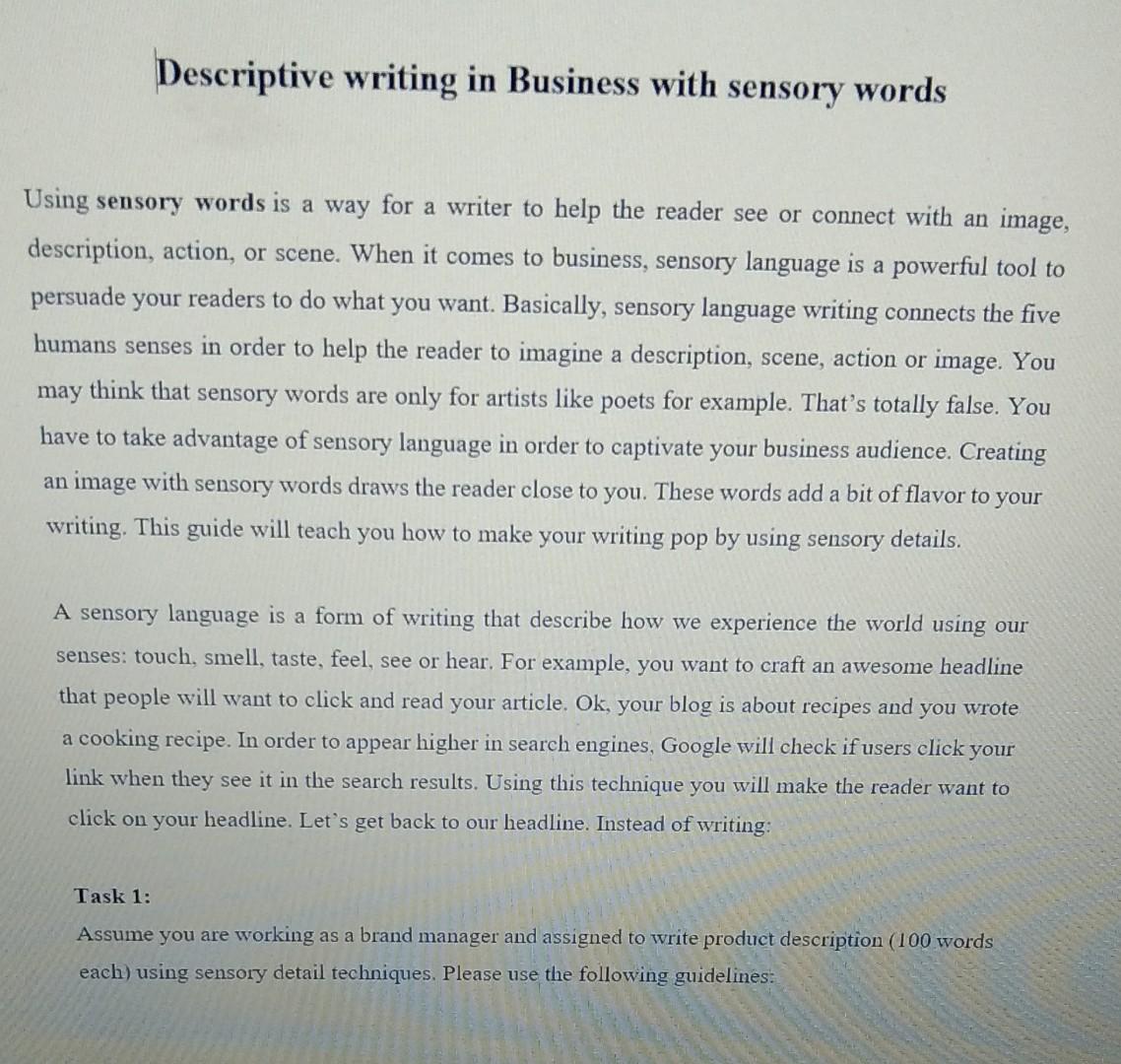 Solved Descriptive writing in Business with sensory words | Chegg.com