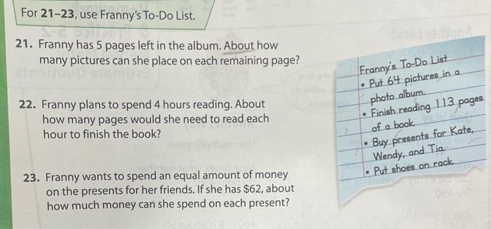 Solved For 21-23, use Franny's To-Do List. 21. Franny has 5 | Chegg.com