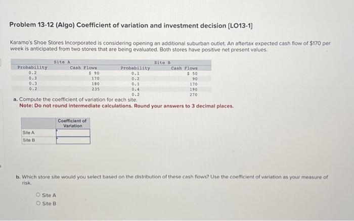 Solved Problem 13-12 (Algo) Coefficient of variation and | Chegg.com