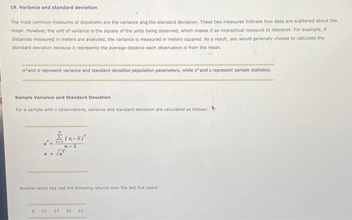 Solved 19. Variance and standard deviation The most common | Chegg.com