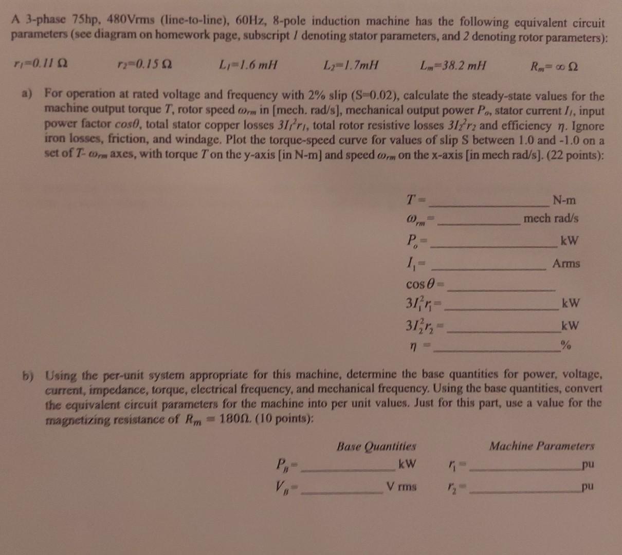Solved A 3-phase 75hp, 480Vrms (line-to-line), 60 Hz,8-pole | Chegg.com