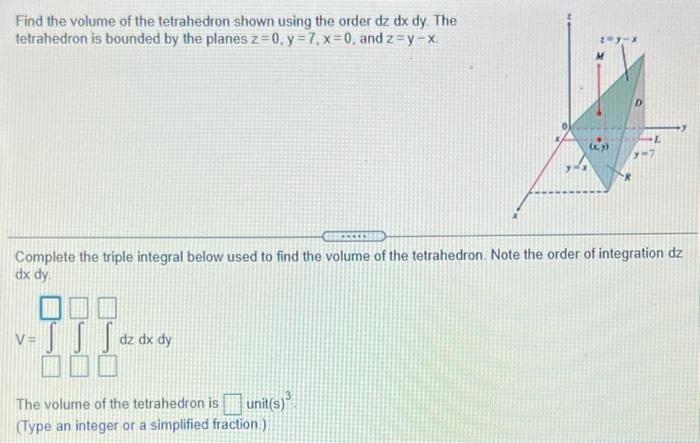 Solved Find the volume of the tetrahedron shown using the | Chegg.com