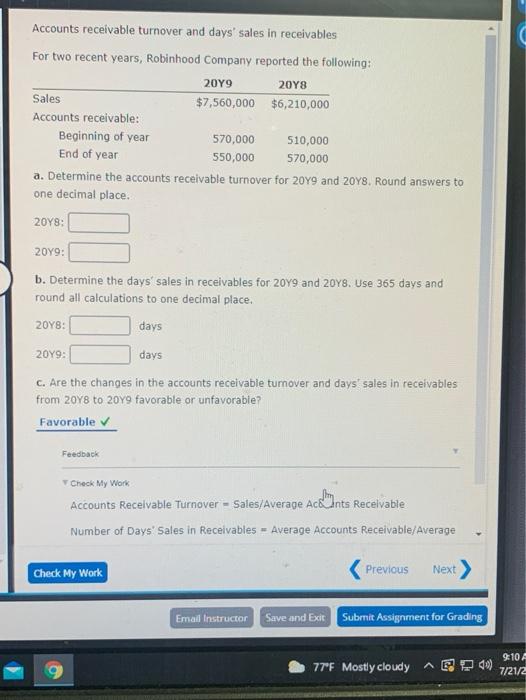 Solved Accounts receivable turnover and days' sales in | Chegg.com