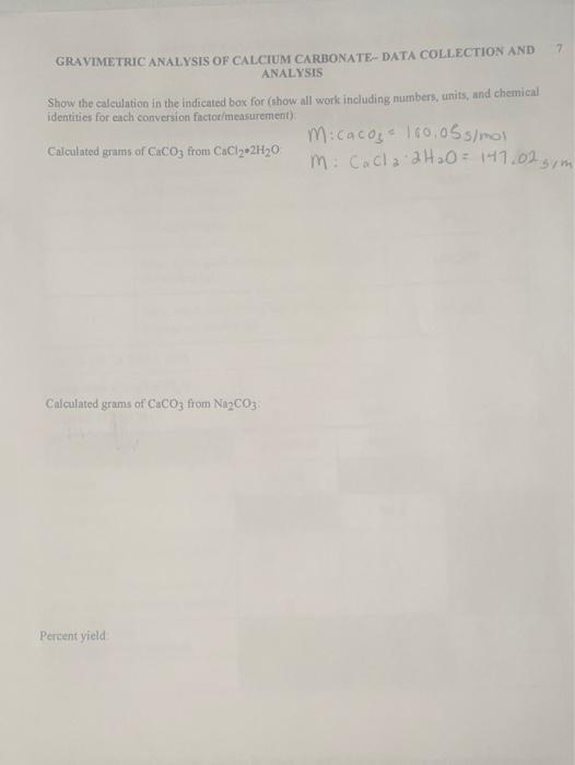 Solved 2 GRAVIMETRIC ANALYSIS OF CALCIUM CARBONATE-DATA | Chegg.com