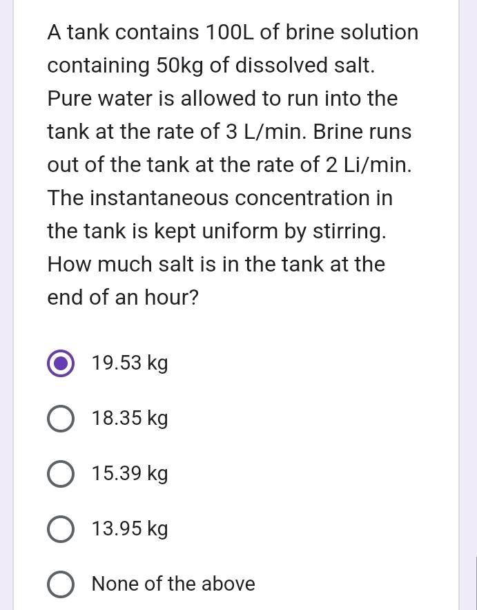 Solved A tank contains 100L ﻿of brine solution containing | Chegg.com