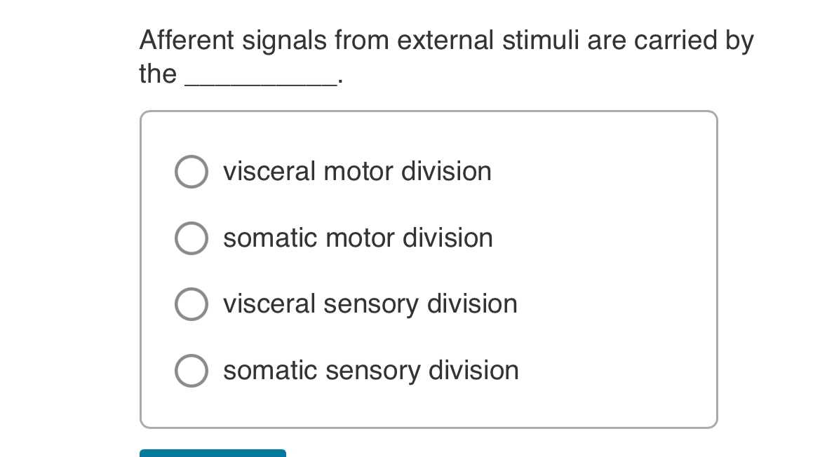 Solved Afferent signals from external stimuli are carried by | Chegg.com