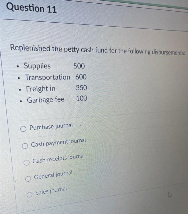 Solved Replenished the petty cash fund for the following | Chegg.com