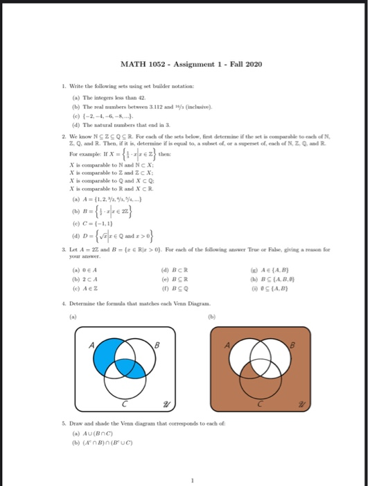 Solved MATH 1062 - Assignment 1 - Fall 2020 1. Write the | Chegg.com