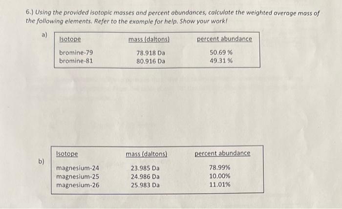 Solved 6.) Using the provided isotopic masses and percent | Chegg.com Solved 6.) Using the provided isotopic masses and percent | Chegg.com