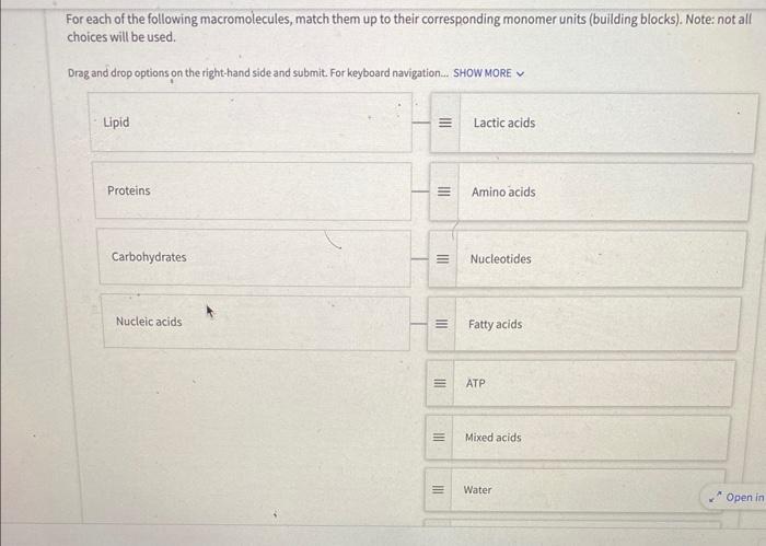 Solved For each of the following macromolecules, match them | Chegg.com
