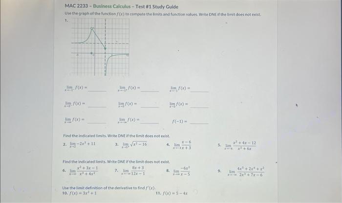 Solved MAC 2233 - Business Calculus - Test \#1 Study Guide | Chegg.com