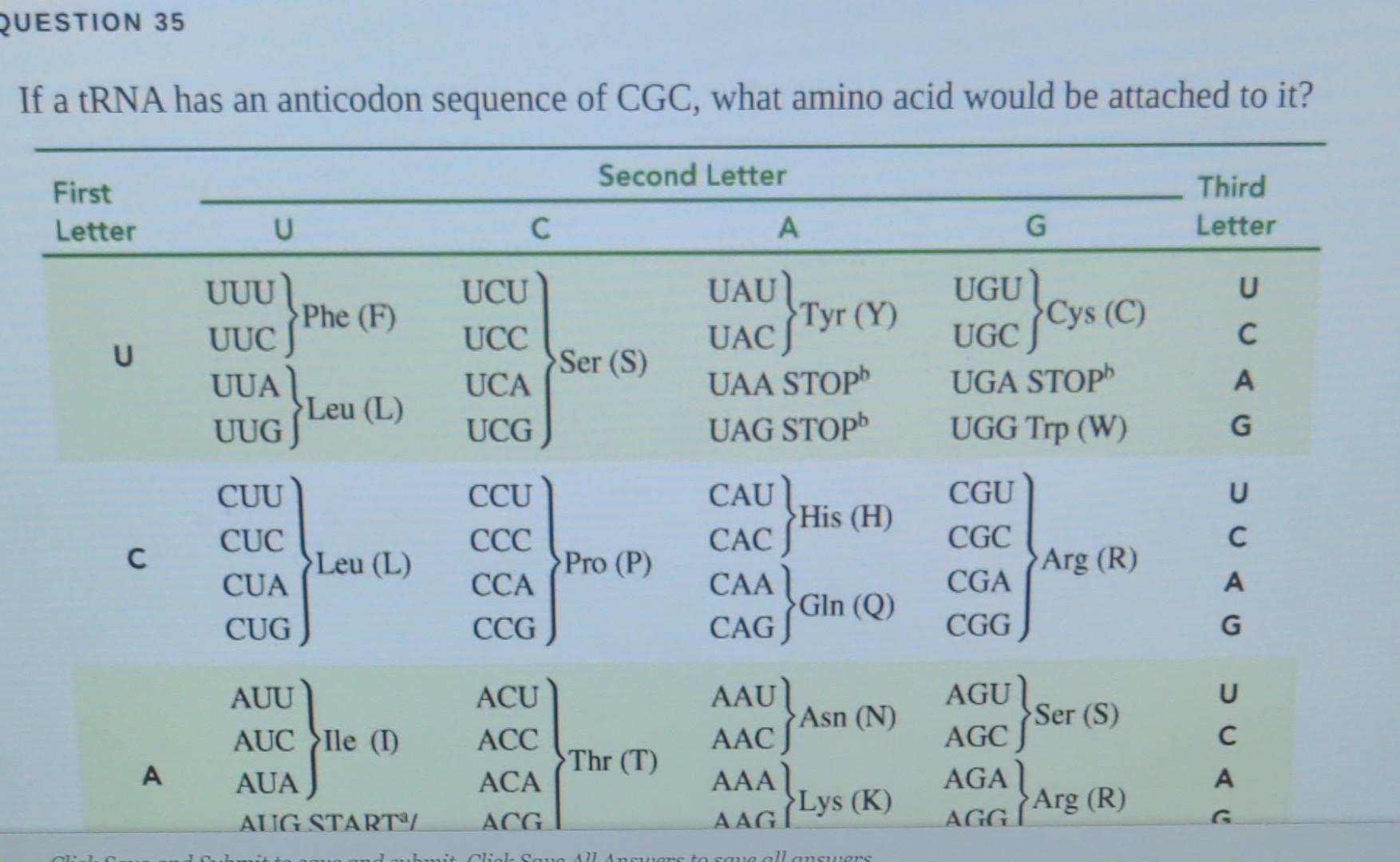 Solved QUESTION 35 If a tRNA has an anticodon sequence of | Chegg.com