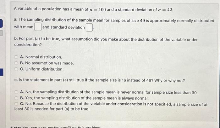 Solved A Variable Of A Population Has A Mean Of μ 100 And