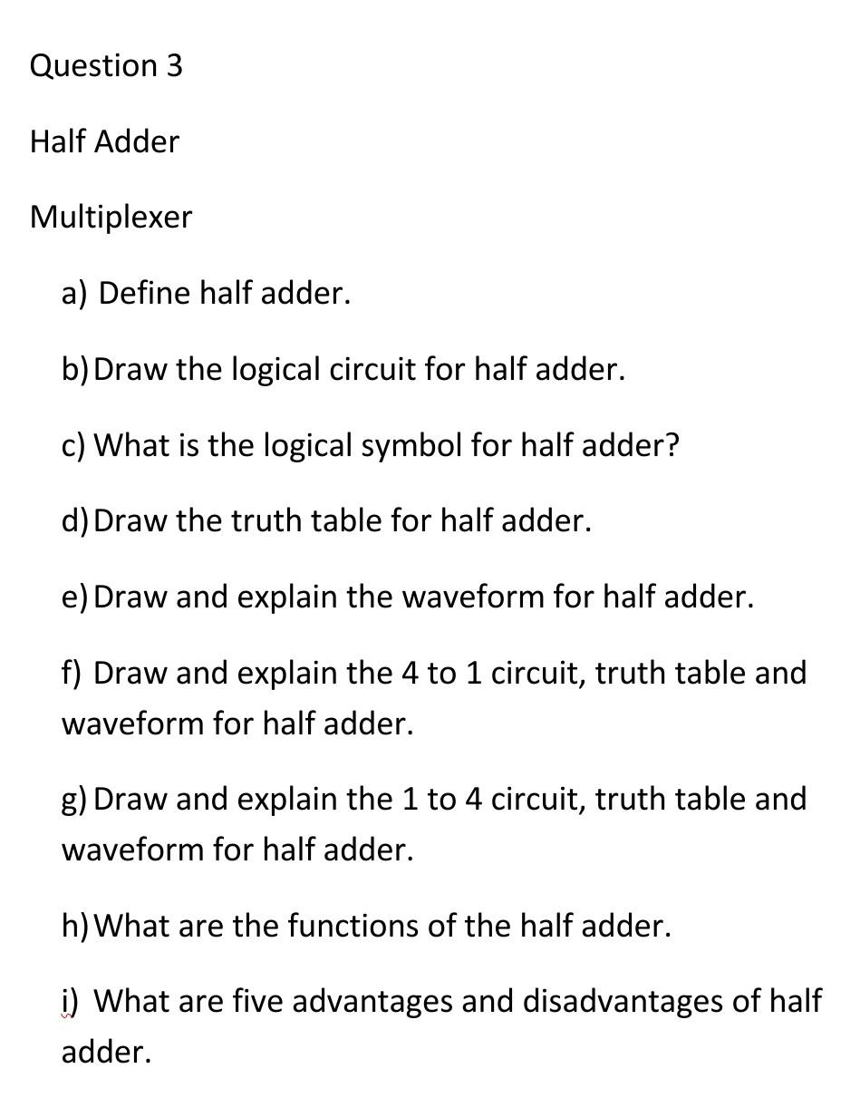 Solved Question 3 Half Adder Multiplexer a) Define half | Chegg.com