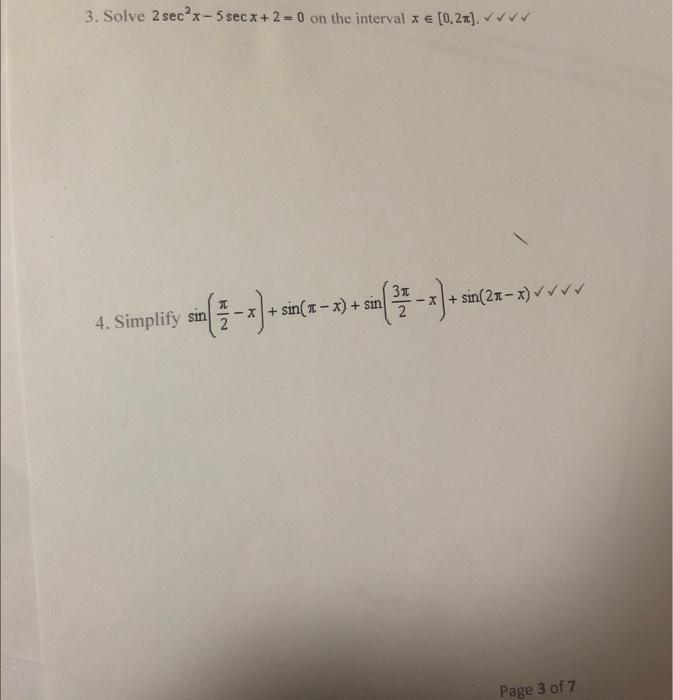 Solved 3. Solve 2sec2x−5secx+2=0 on the interval | Chegg.com