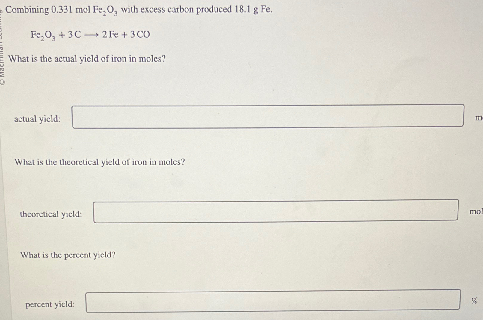 Solved Combining 0.331molFe2O3 ﻿with excess carbon produced | Chegg.com
